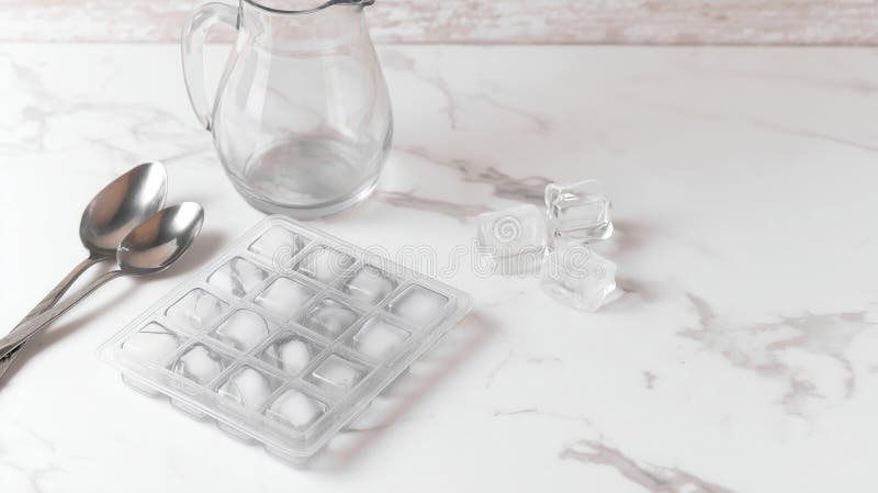 Ice Cube Tray on Marble Table with Silver Utensils and Glass Pitcher ...