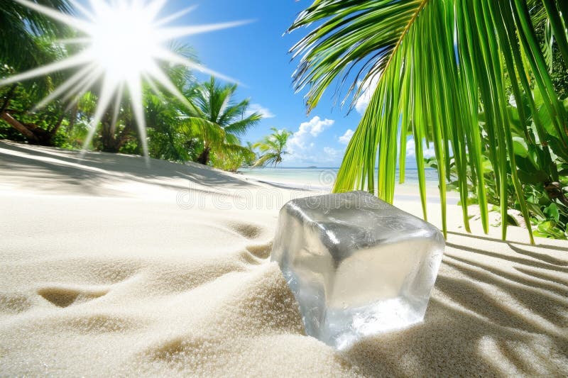 Ice Cube on Tropical Beach Sand Under Sunlight with Palm Trees and Sea ...
