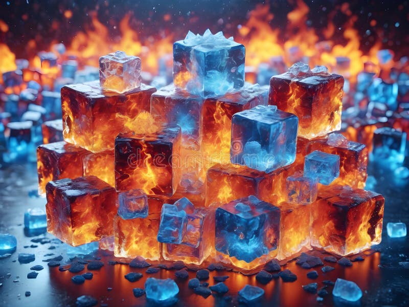 Ice Cubes Burning on Fire on a Blue Background Stock Illustration ...