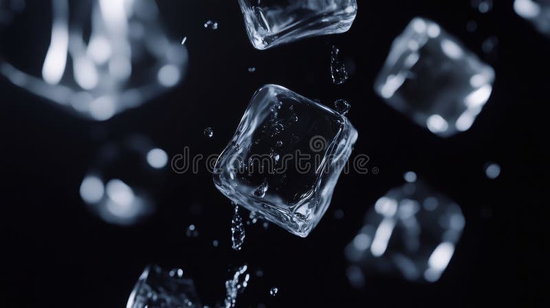 Ice Cubes Falling on a Black Background with Water Dripping Stock ...