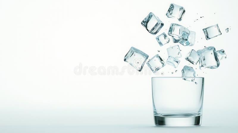 Ice Cubes are Falling and Bouncing Inside a Transparent Glass on a ...