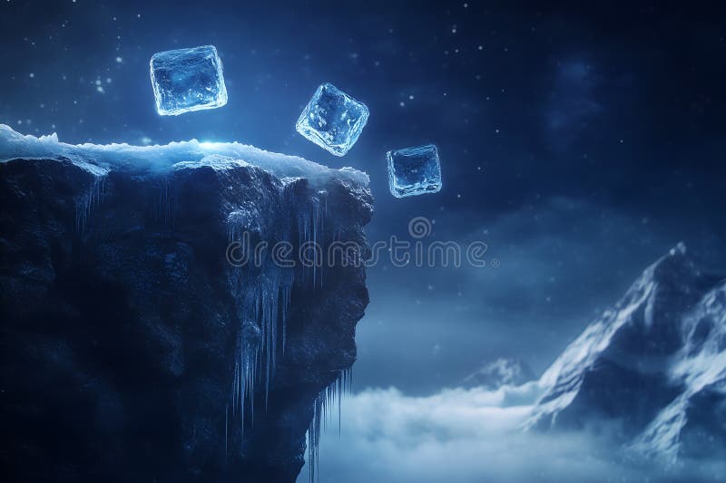 Ice Cubes Falling Off a Frozen Cliff at Night Stock Illustration ...