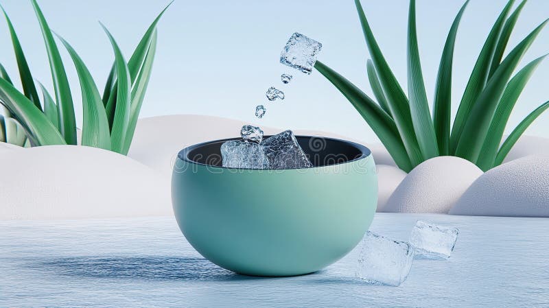 Ice Cubes Falling into Teal Bowl, Snowy Scene, Summer Drink Ad Stock ...