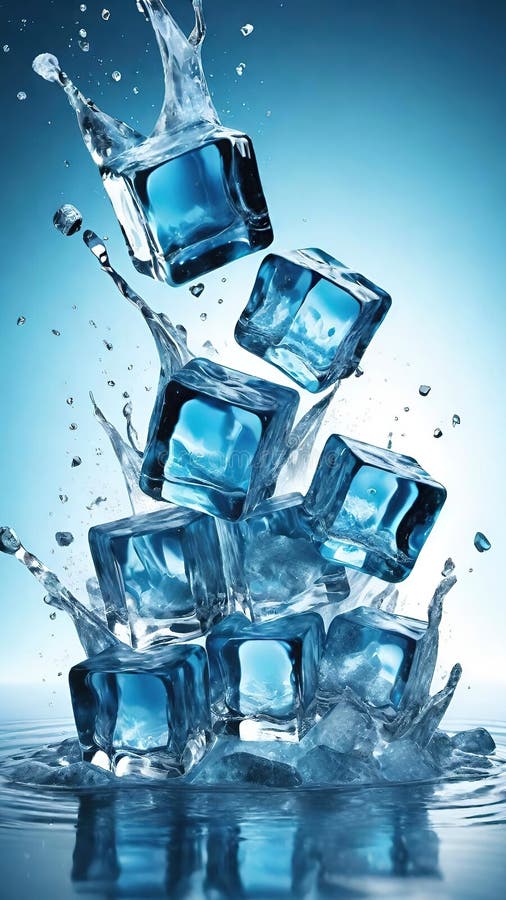 Ice Cubes Falling into Water with Splash on Blue Background Stock ...