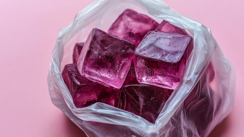 Ice Cubes Fill a Pink Plastic Bag Set Against a Pastel Background Stock ...