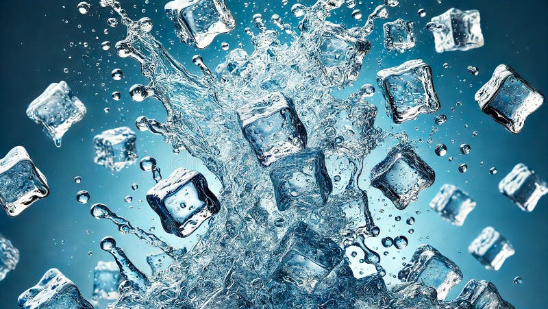 Ice Cubes in a Flow Splashing Against a Blue Background Stock ...