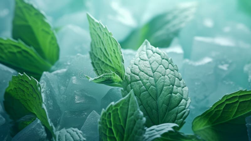 Ice Cubes and Fresh Mint Leaves on Blue Background. Neural Network Ai ...