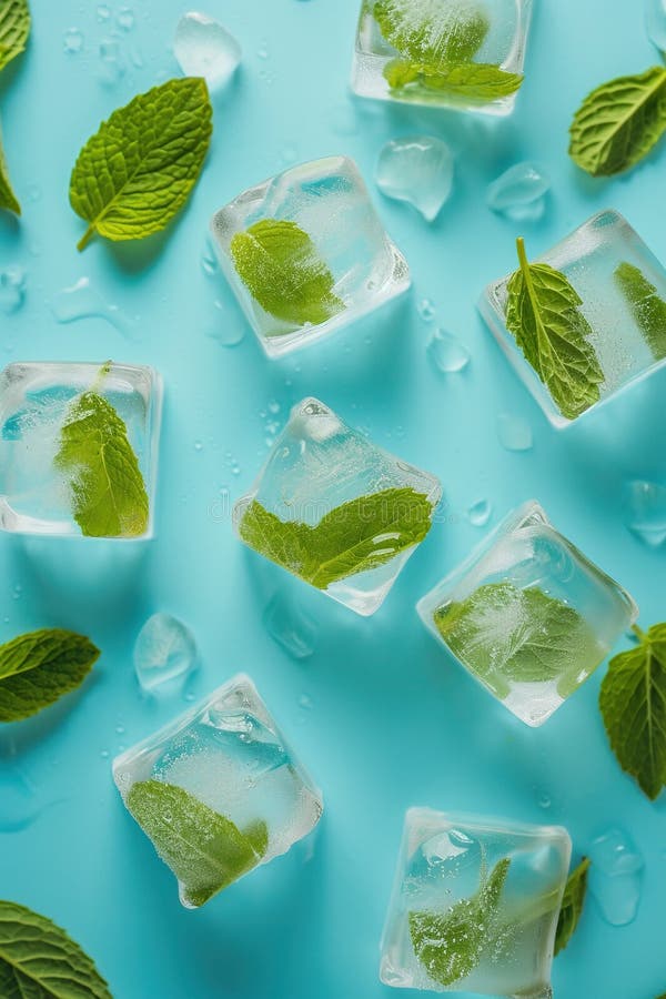 Ice Cubes with Frozen Mint Leaves Inside on Blue Turquoise Background ...