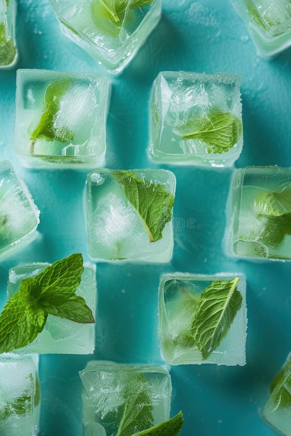 Ice Cubes with Frozen Mint Leaves Inside on Blue Turquoise Background ...
