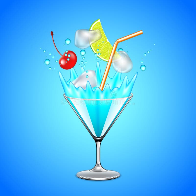 Ice Cubes and Fruits Falling into Blue Lagoon Cocktail Stock Vector ...