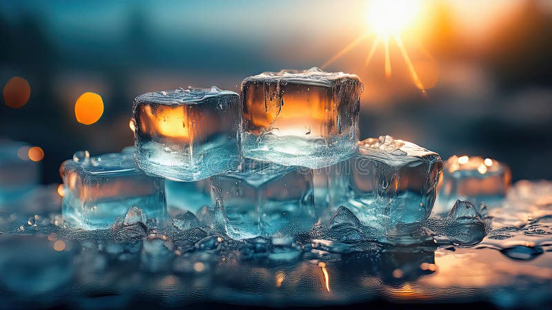 Ice Cubes Glistening with Condensation on a Soft Blue Background Stock ...