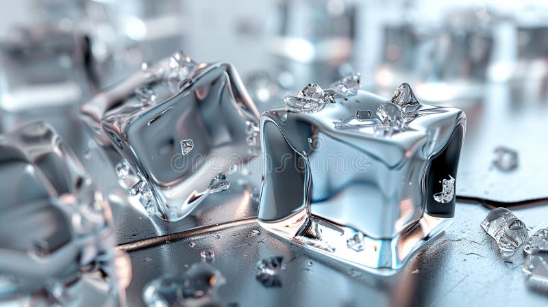 Ice Cubes Glistening on a Reflective Surface with Droplets in a Bright ...