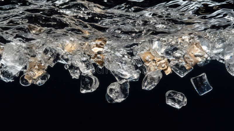 Ice Cubes and Gold Bars Falling into Water on Black Background Stock ...