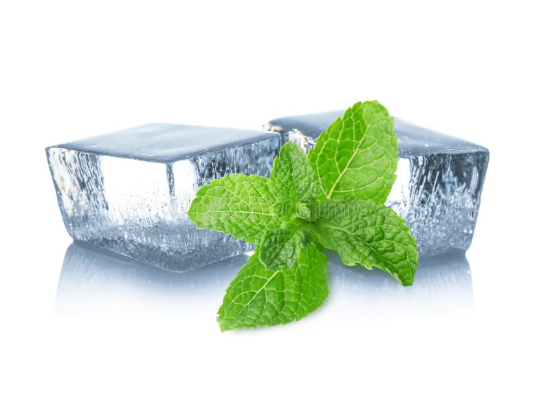 Ice Cubes and Green Mint Leaves on White Background Stock Image - Image ...
