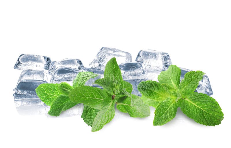 Ice Cubes and Green Mint Leaves on White Background Stock Image - Image ...