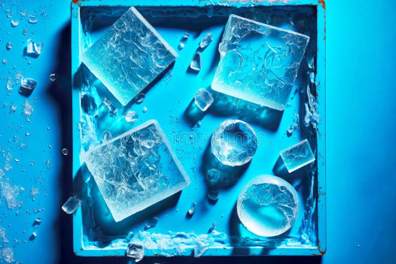 Ice Cubes Scattered on Blue Table with Cracks and Frost Stock ...