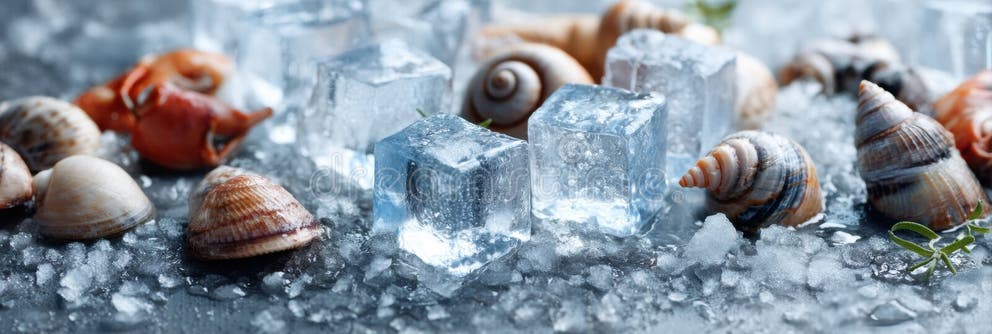 Ice Cubes Scattered among Fresh Shellfish with an Empty Space, Creating ...