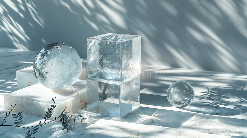 Ice Cubes and Spheres Casting Shadows on a Marble Surface in Soft ...