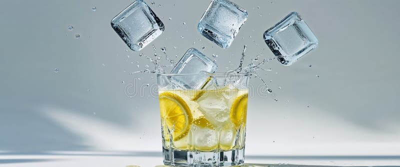 Ice Cubes Splash into Refreshing Cold Beverage during Summer Afternoon ...