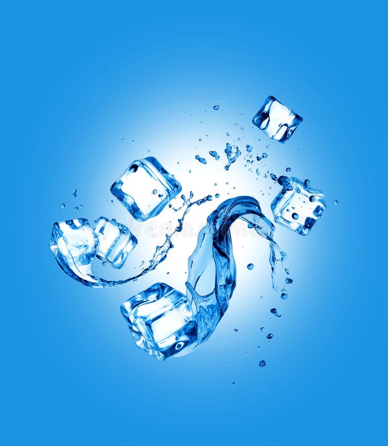 Ice Cubes with Splashes of Water on Blue Background Stock Photo - Image ...