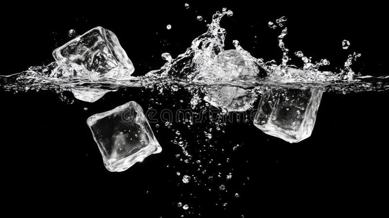 Ice Cubes Splashing into Water on Black Background Stock Illustration ...