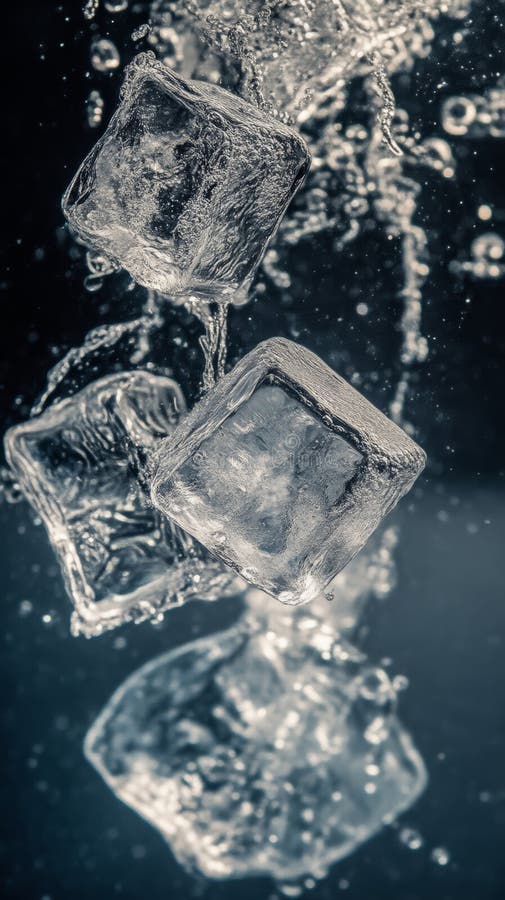 Ice Cubes Splashing in Water with Bubbles, Refreshing and Cool Concept ...