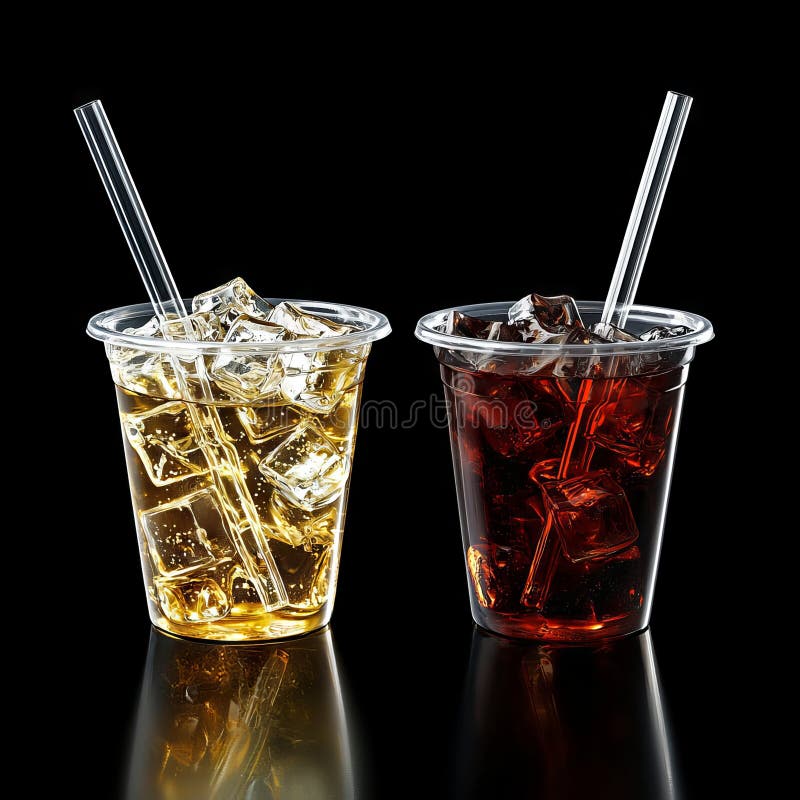 Ice and a Dark Liquid Fill Two Clear Plastic Cups, with Straws Provided ...