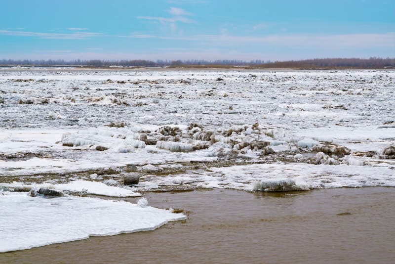 Ice Drift, Melting of Ice on the River during Cloudy Weather and Light ...