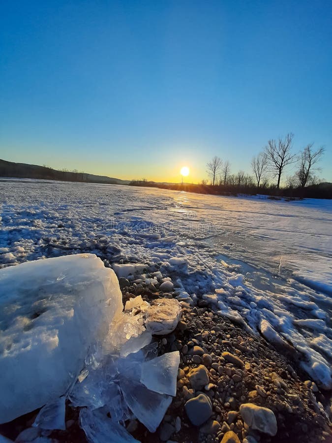 Ice Drift on River. Ice in Motion during Early Spring. Floating of Ice ...