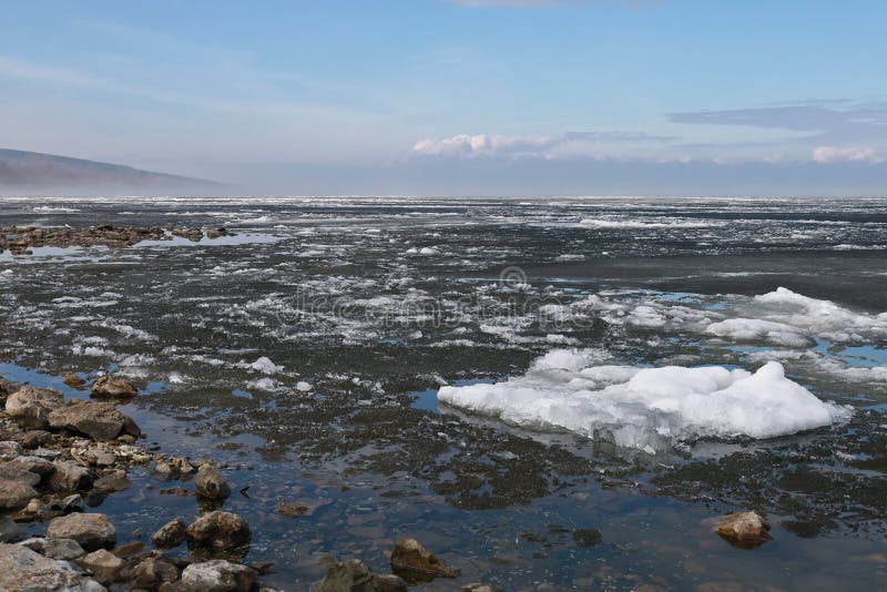 Ice Drift on the River. Melting Ice on the River Has a Crystalline ...