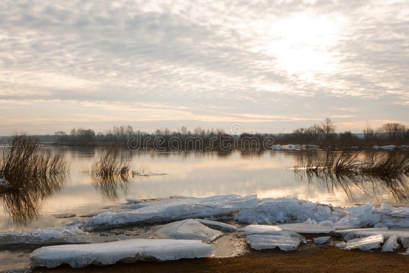 Ice Drift on a Small River. High Water, Big Water Stock Photo - Image ...