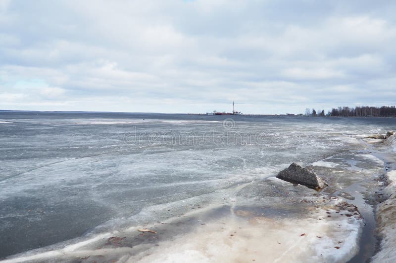 Ice Drift in Spring on Lake Onega, Karelia. Dangerous Thin Spring Ice ...