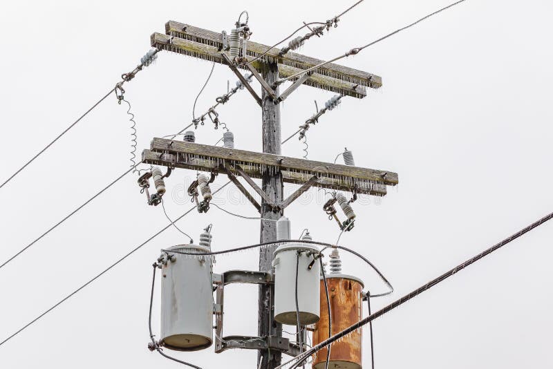 Ice on Electrical Utility Pole and Power Line from Freezing Rain Stock ...