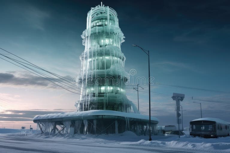Ice-encased Communication Tower at a Station Stock Illustration ...