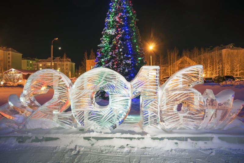 Ice 2016 Figures on the Christmas Tree in Night City. Stock Photo ...