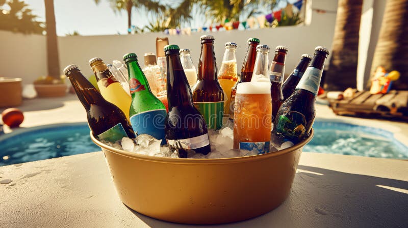 Ice Filled Bucket with Assorted Beverages by the Pool on a Sunny Day ...