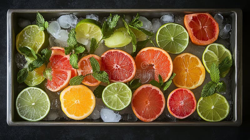 Ice-filled Tray of Citrus for Cocktail Garnish . Stock Image - Image of ...