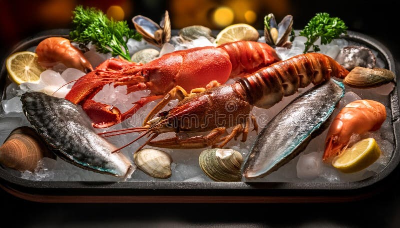 Ice-filled Tray of Fresh Seafood Stock Photo - Image of platter, visual ...