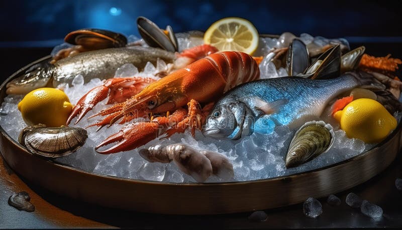 Ice-filled Tray of Fresh Seafood Stock Photo - Image of icecold ...