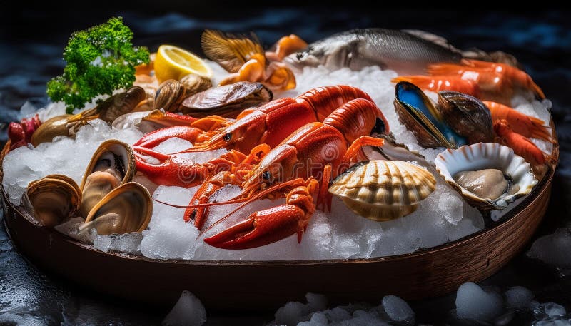 Ice-filled Tray of Fresh Seafood Stock Photo - Image of tray, chilled ...