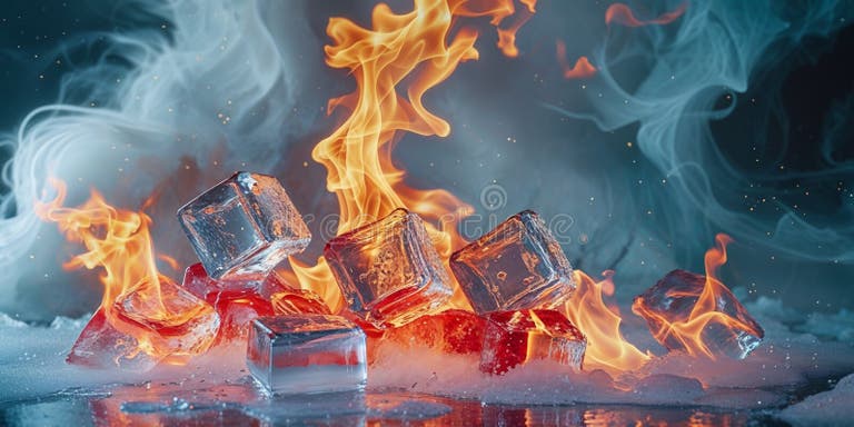 Ice and Fire Conceptual Background with Flames and Ice Cubes for Visual ...