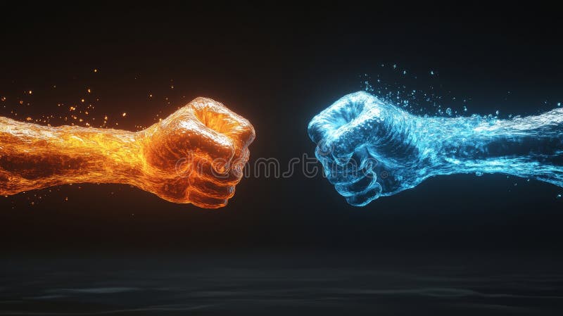 Ice and Fire Fists Clashing in Epic Showdown, Abstract Energy Concept ...