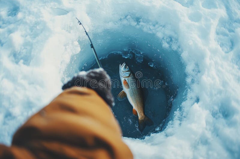 An Ice Fisherman Pulls a Fish Out of a Hole. Generative AI. Stock ...