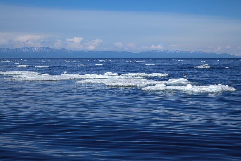 Floating Ice on Water Surface Next To the Mountains in Spring Da Stock ...