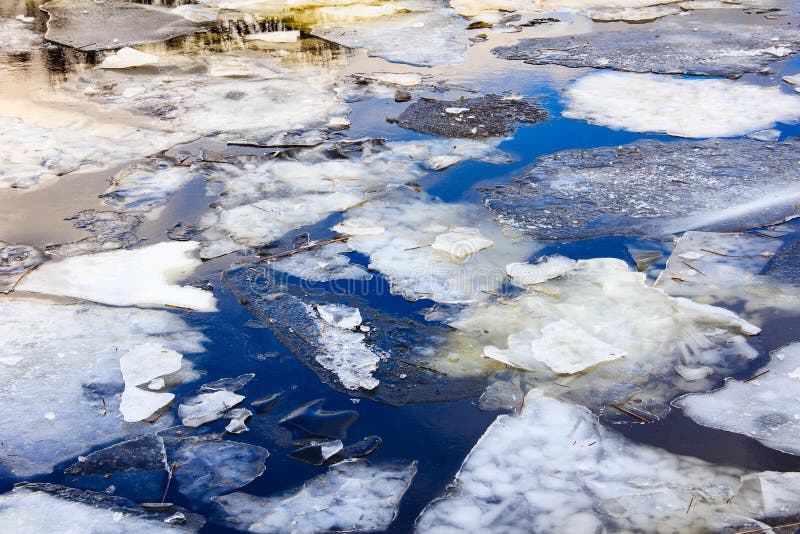 Ice Floating on River in Spring Time. Melting of Ice Floe Close-yp ...