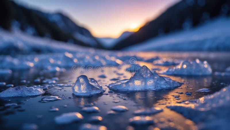 Luminous Ice Formations at Golden Hour on Frozen Lake Stock ...