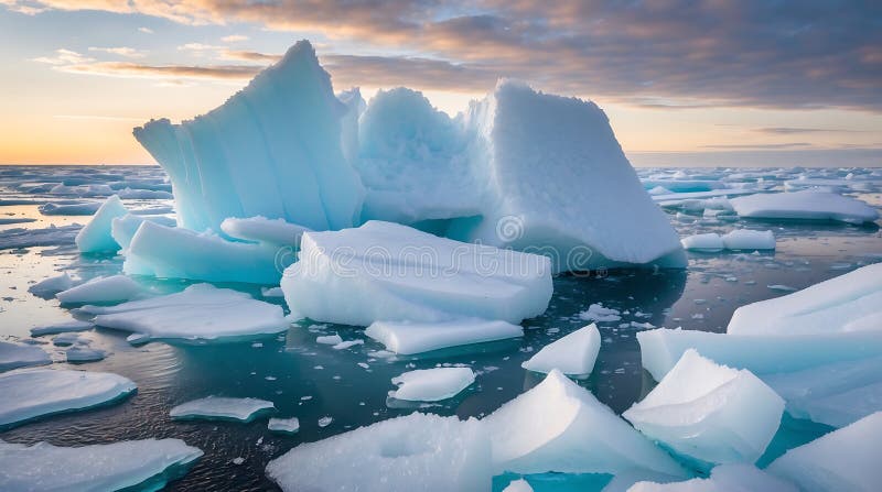 Ice Formations Breaking Apart in the Ocean Under a Serene Sky at ...