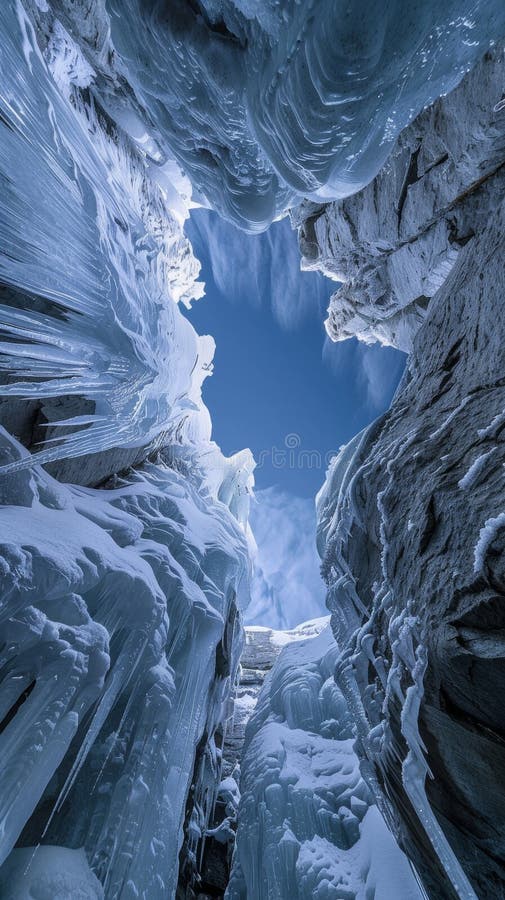 Ice Formations in a Narrow Gorge Under Blue Sky Stock Photo - Image of ...
