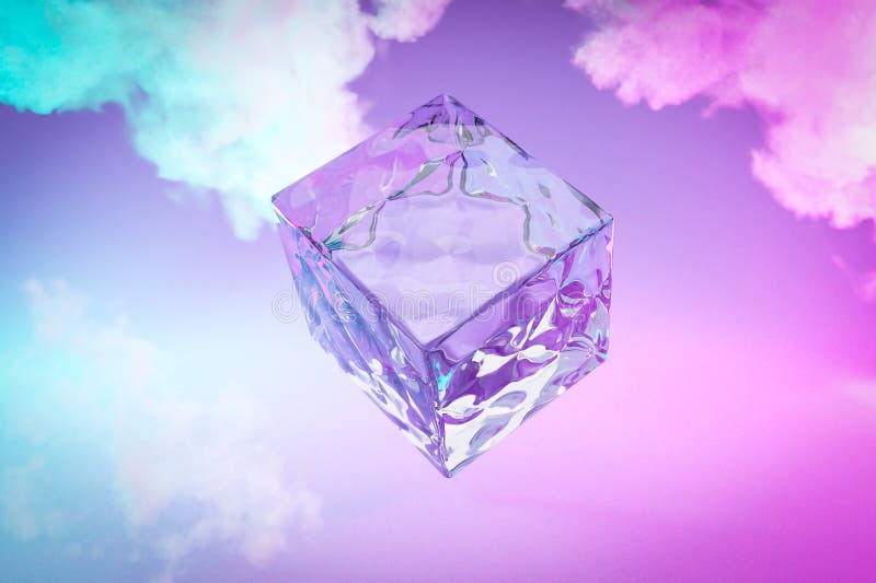 Ice Glas Cube Floating in the Air Over Infinite Colorfull Background ...