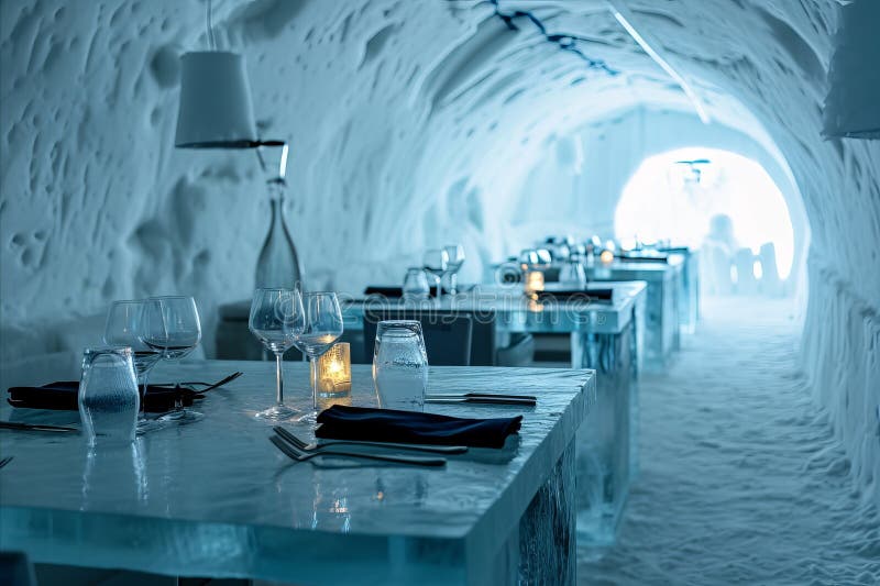 Ice Hotel Elegantly Set Ice Tables in a Hotels Dining Area with a ...